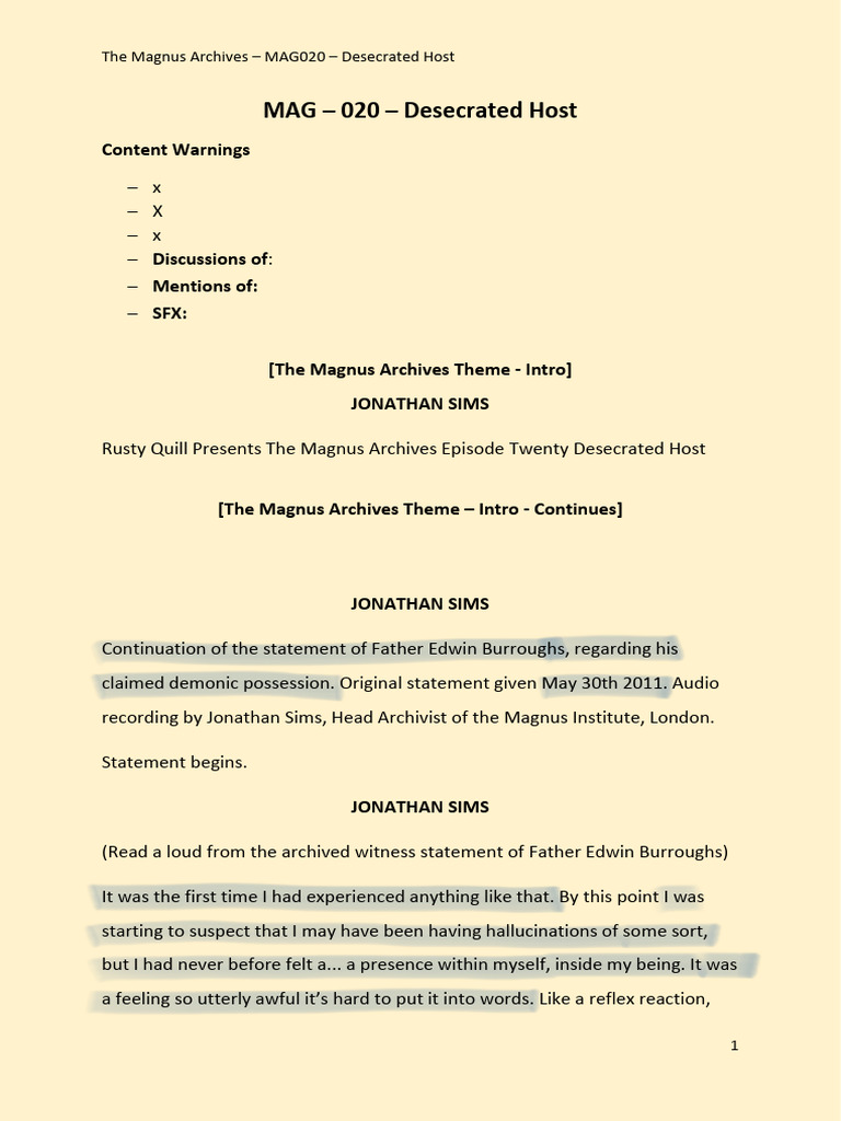 MAG 020 - Desecrated Host - Transcript Re-Formatted | PDF