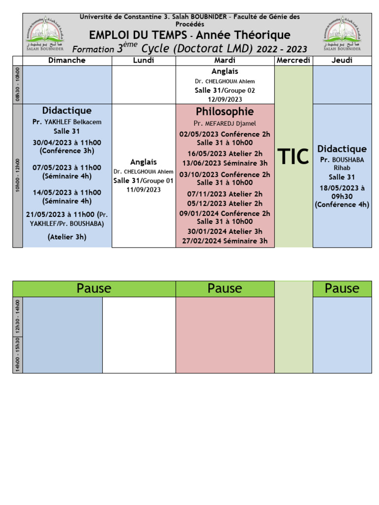 Emploi Du Temps 1ère Année Doctorat (LMD - GP) 2022-2023 | PDF