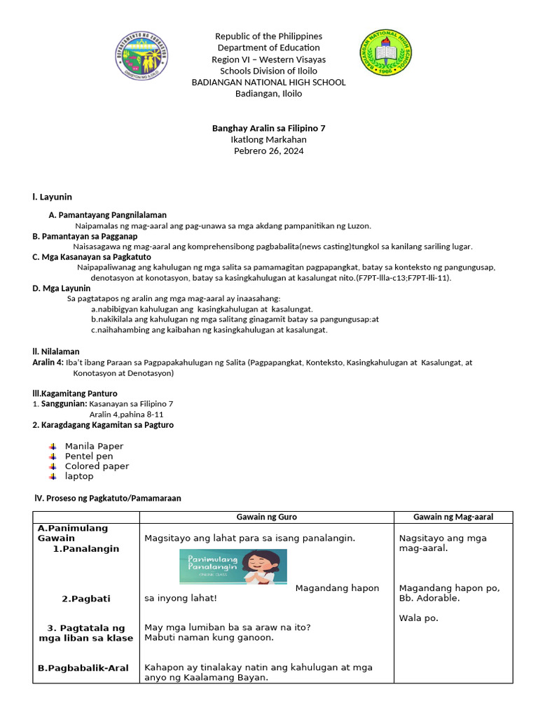 Banghay Aralin 4 (Denotasyon at Konotasyon) | PDF