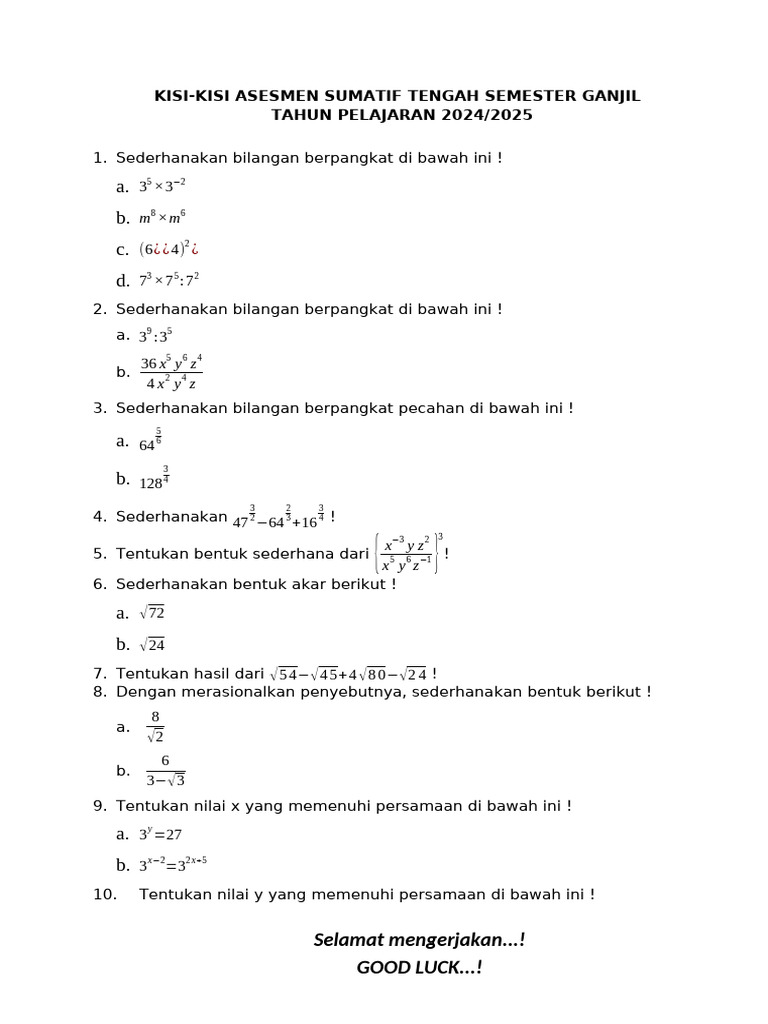 Kisi-Kisi ASTS Ganjil Matematika Kelas 10 AP 1 Dan 10 AP 2 | PDF