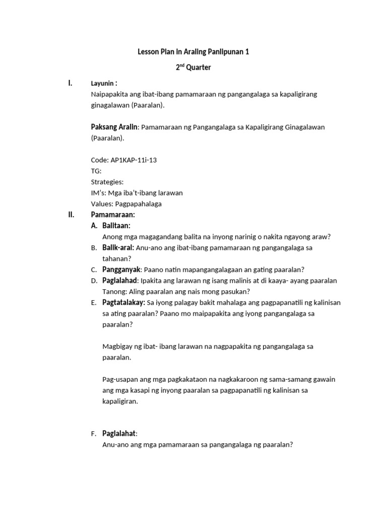 Lesson Plan in Araling Panlipunan 1 2 Quarter I.:: Layunin | PDF