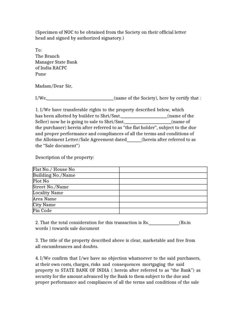 NOC Format For Resale | PDF