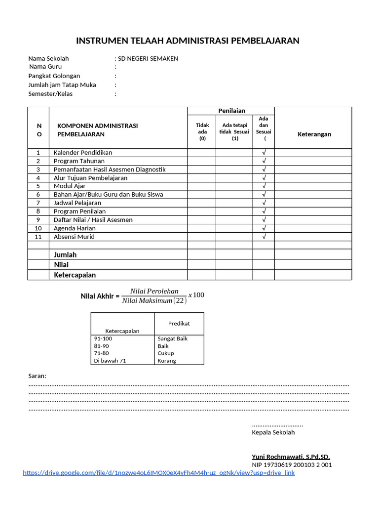 Instrumen Supervisi Akademik Kurmer Isi | PDF
