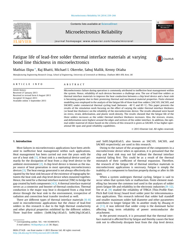 Fatigue Life of Lead-Free Solder Thermal Interface Materials at Varying ...