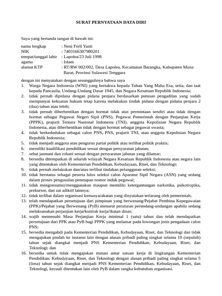 Surat Pernyataan Neni Ferli Yanti | PDF