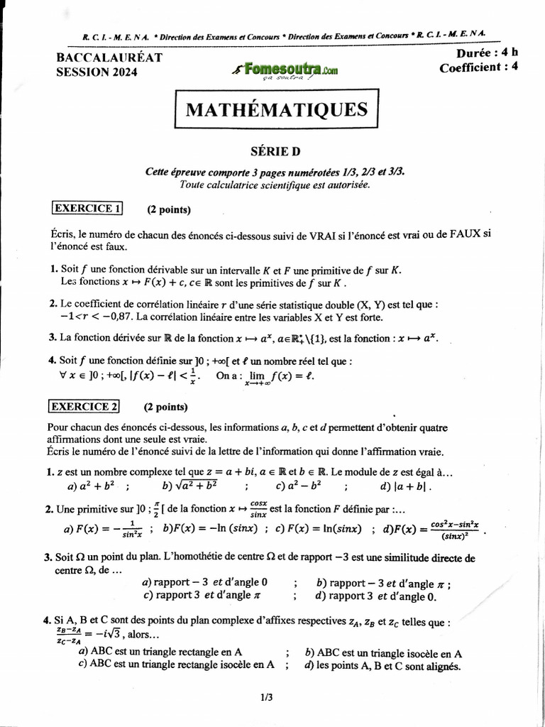 Sujet+barème Bac 2023 Maths Série D | PDF
