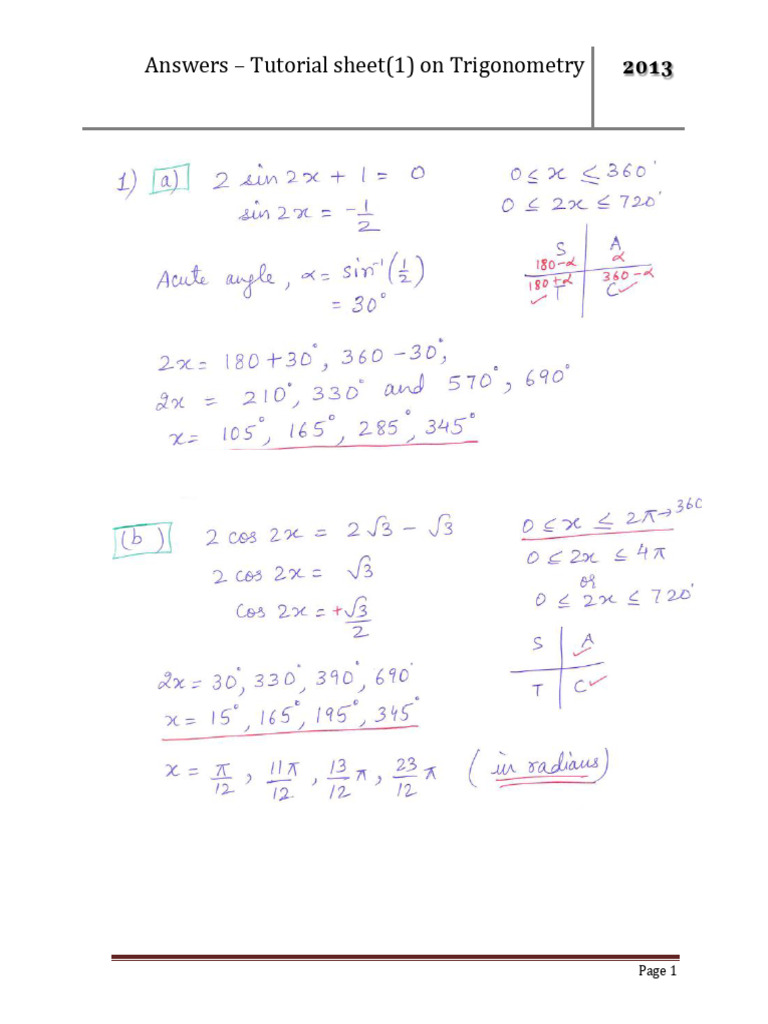 Answers - Tutorial Sheet (1) - Trigonometric Equations | PDF
