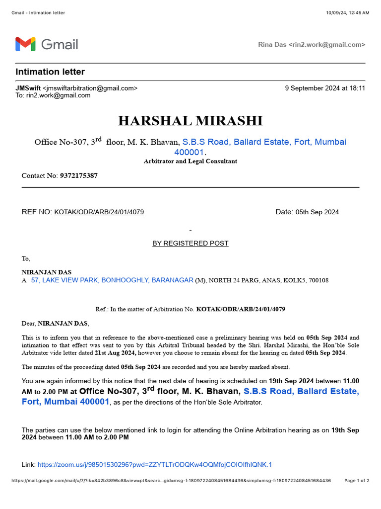 Gmail - Intimation Letter | PDF