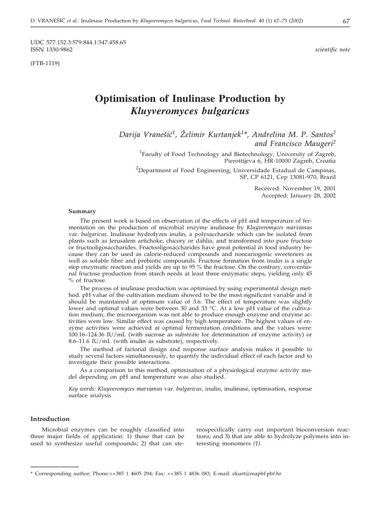 Optimisation of Inulinase Production By: Kluyveromyces Bulgaricus | PDF