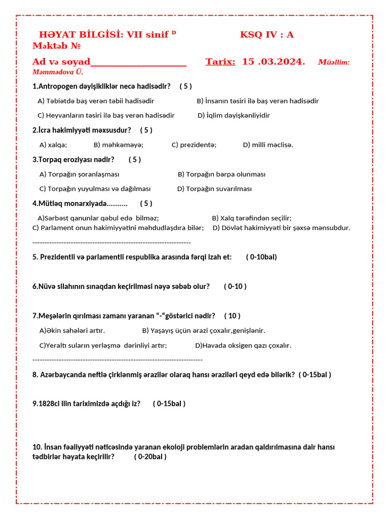 Həyat Bilgisi 7 Sinif KSQ IV | PDF