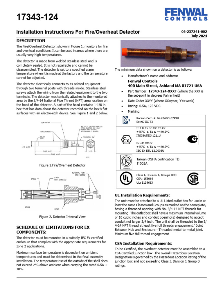 Installation Instructions For Fire/Overheat Detector: Description | PDF