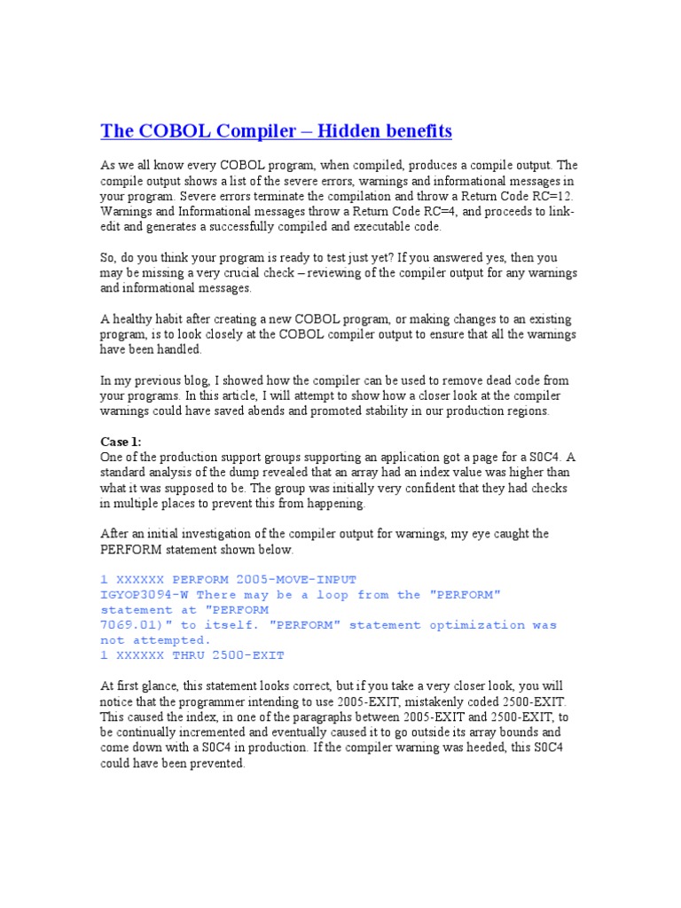 COBOL Compiler Hidden Benefits | PDF | Compiler | Ibm Db2