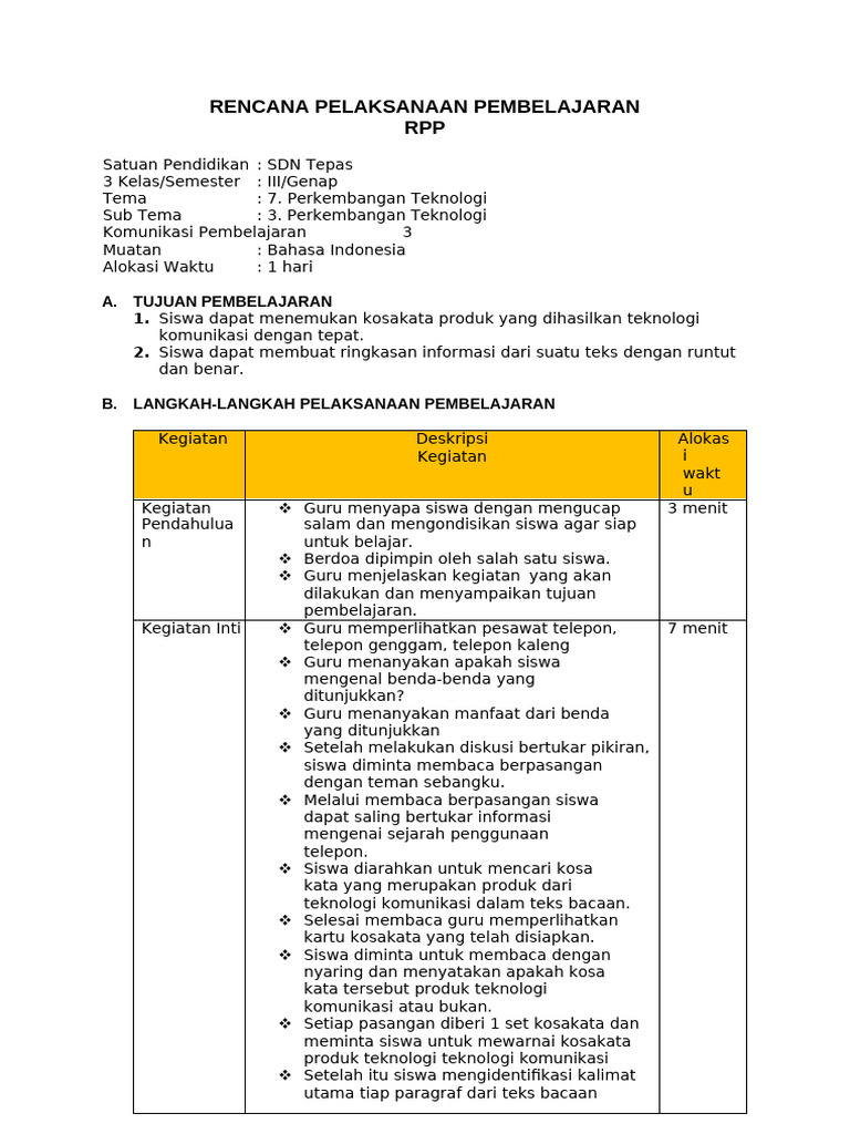 RPP Kelas 3 Semester 2 Tema 7 Subtema 3 Pembelajaran 3 | PDF