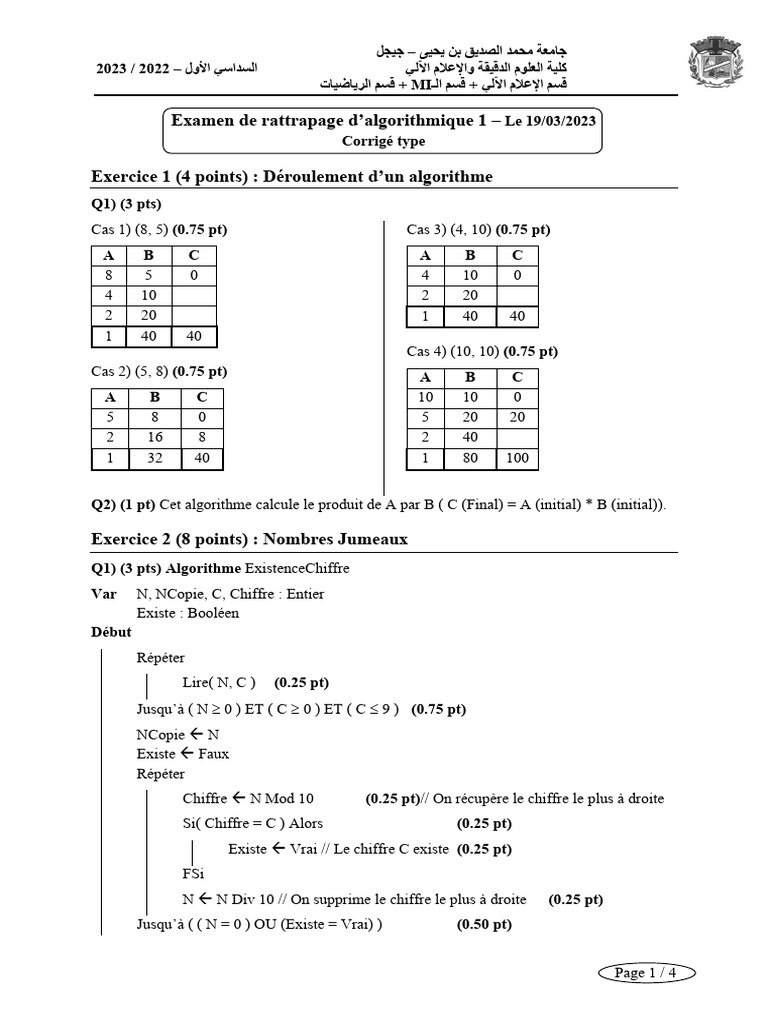 Algorithmique Examen Rattrapage S1 2022 2023 V1 CorrigéType | PDF