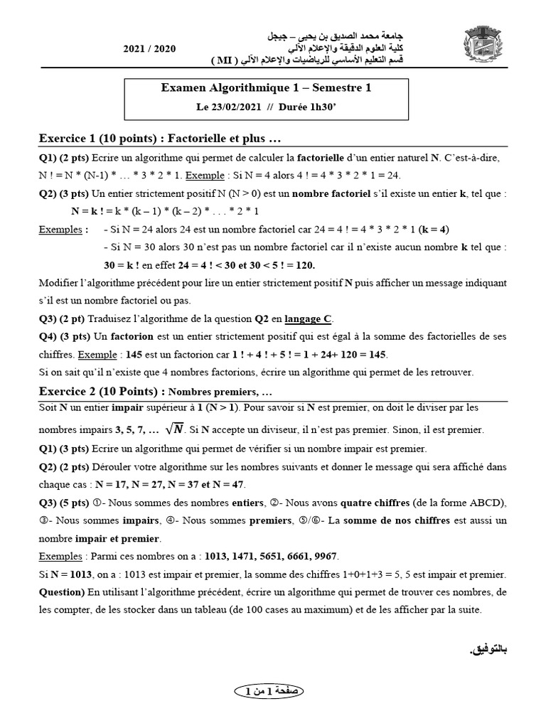 Algorithmique_Examen_S1_2020_2021_v2 (2) | PDF