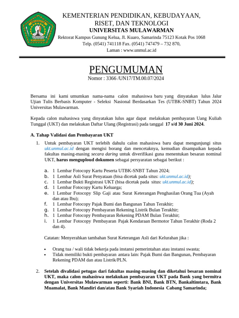 PENGUMUMAN LULUS MHS BARU UTBK SNBT 2024 TTE - Sign | PDF