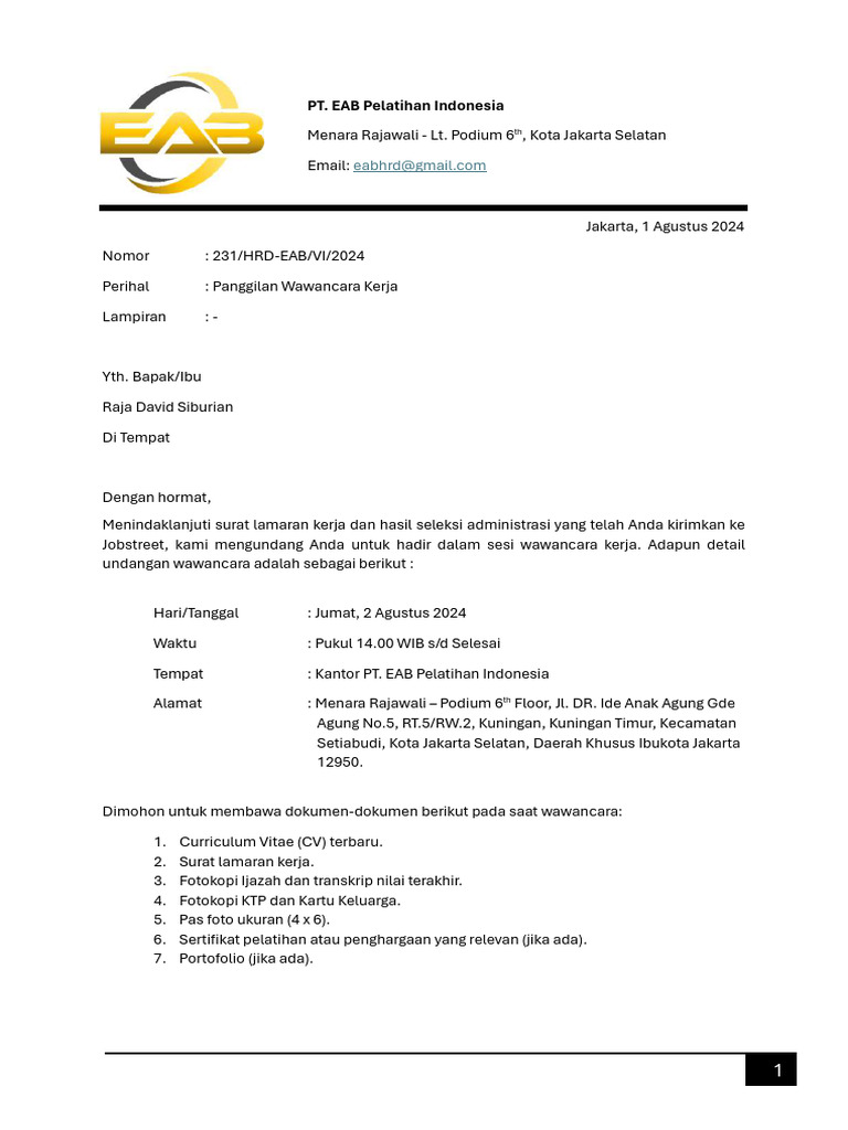 20#1 Surat Panggilan Interview Kerja | PDF 20#1 Surat Panggilan Interview Kerja | PDF