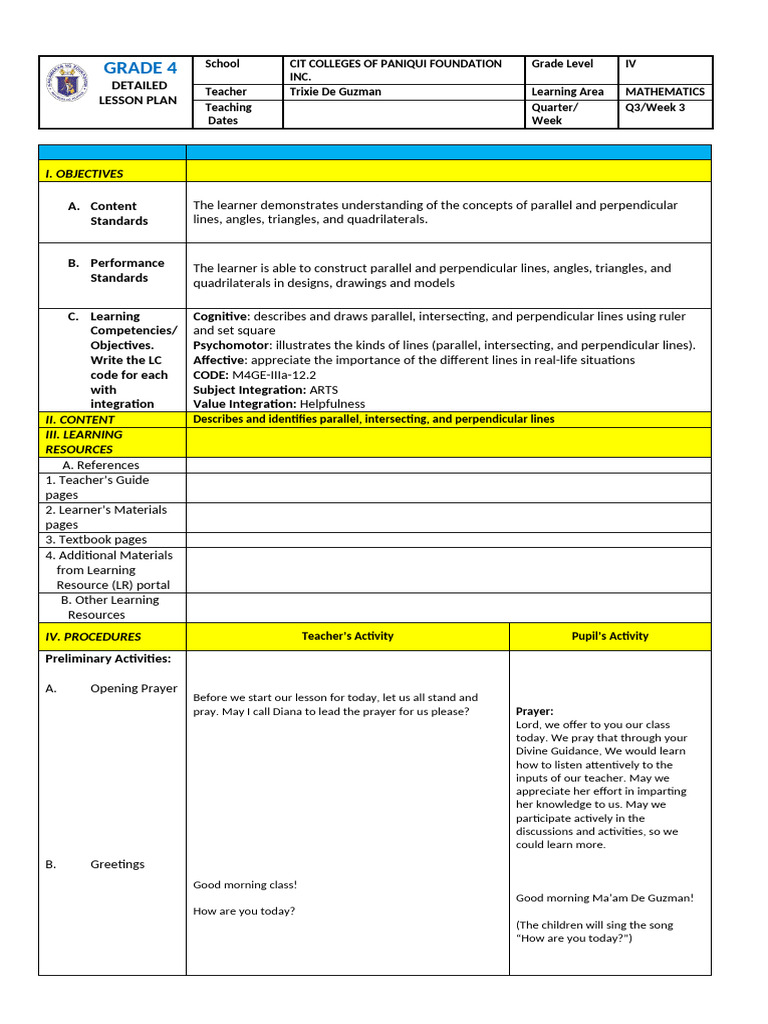 DETAILED LESSON PLAN MATH | PDF