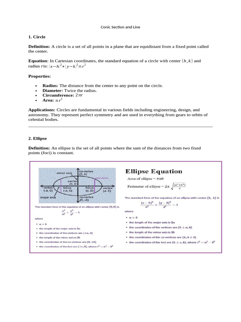 Conic Section and Line For DE Review | PDF | Ellipse | Circle
