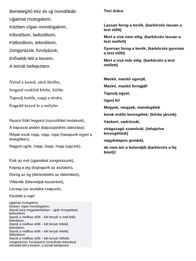 Bemelegító Kéz És Ujj Mondókák | PDF