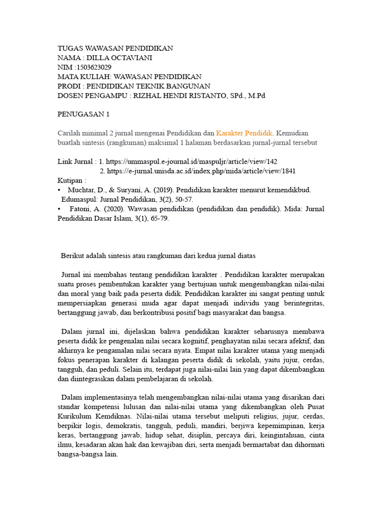 Dilla Octaviani 1503623029 PENUGASAN 1 Wawasan Pendidikan PTB | PDF