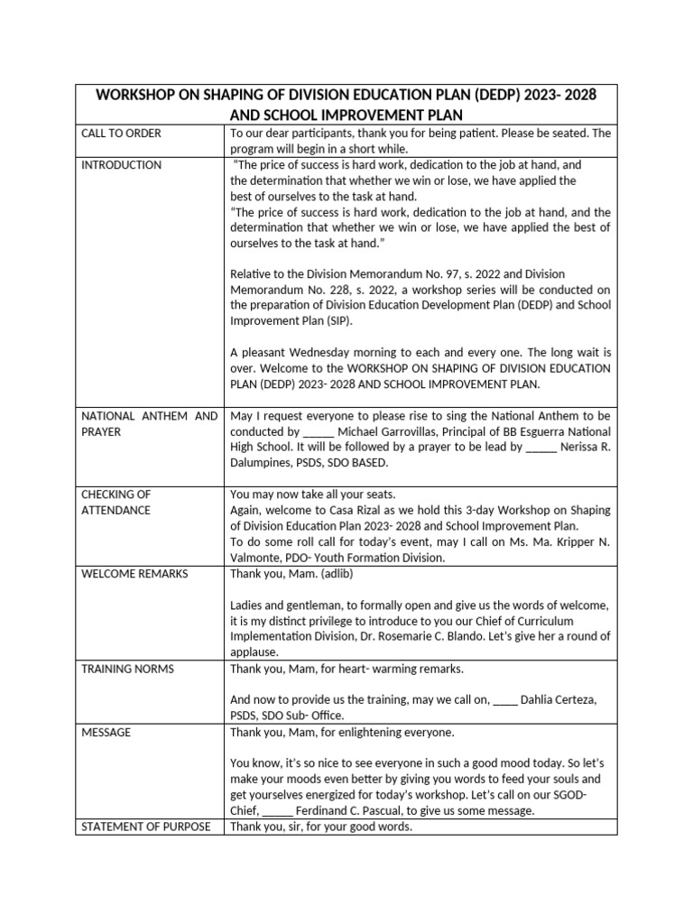 WORKSHOP ON SHAPING OF DEDP AND SIP Script | PDF