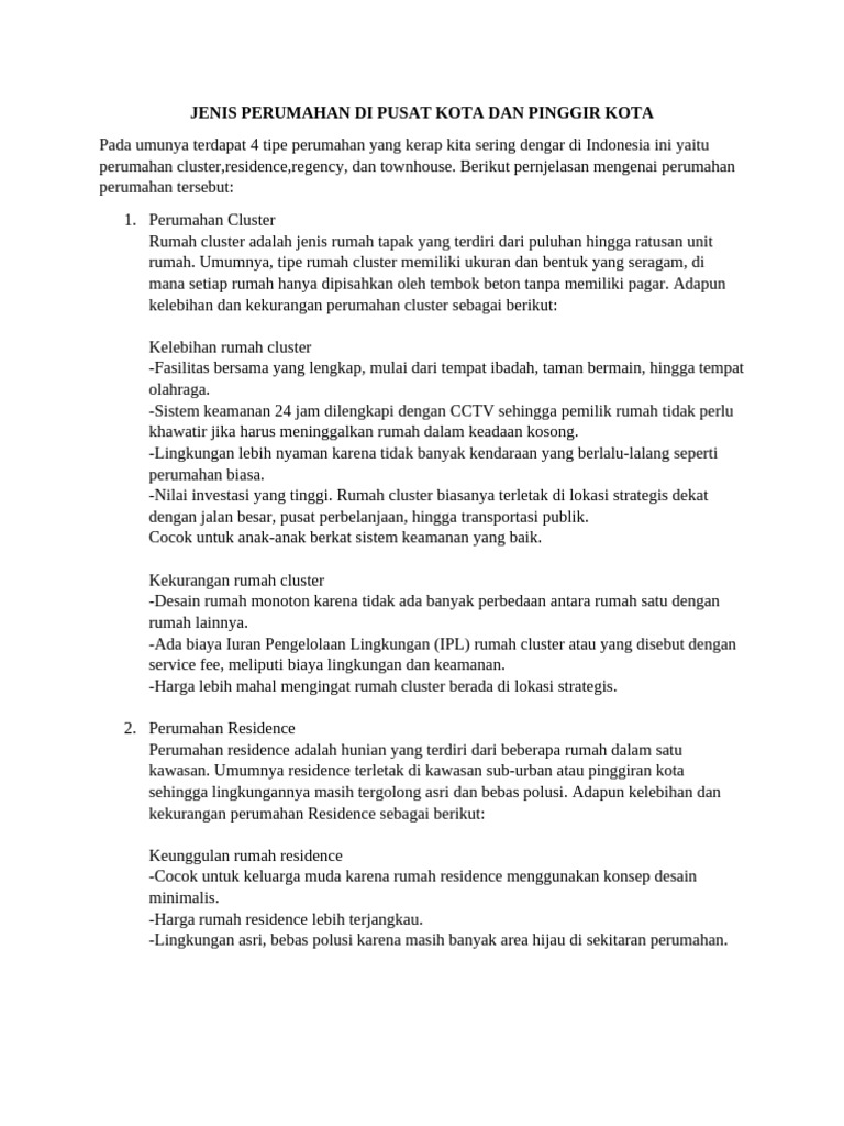 Jenis Perumahan Di Pusat Kota Dan Pinggir Kota | PDF
