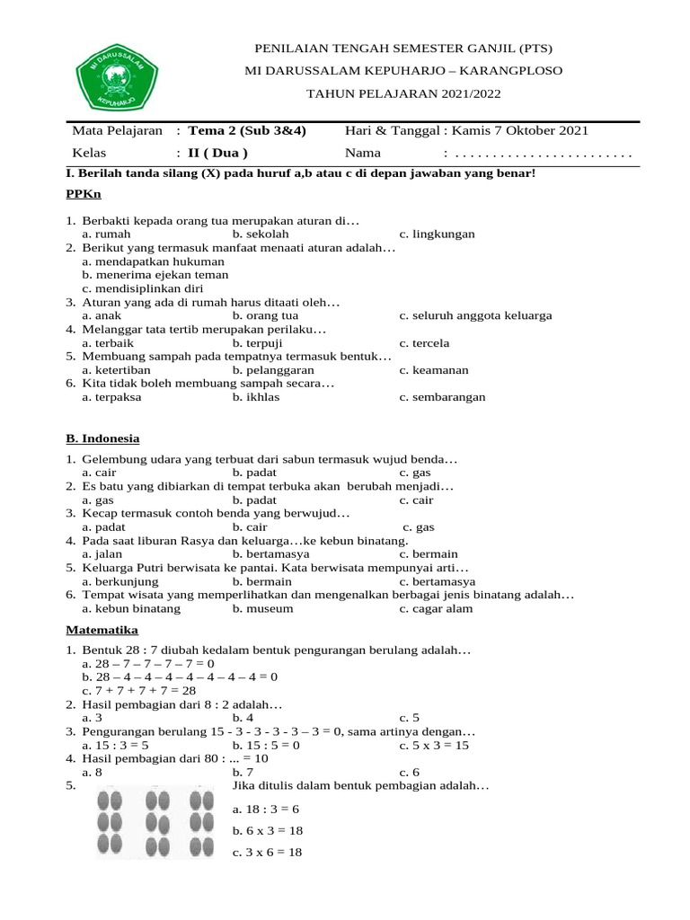 Kelas 2 Tema 2 St 3 4 Pts Ganjil1920 Pdf
