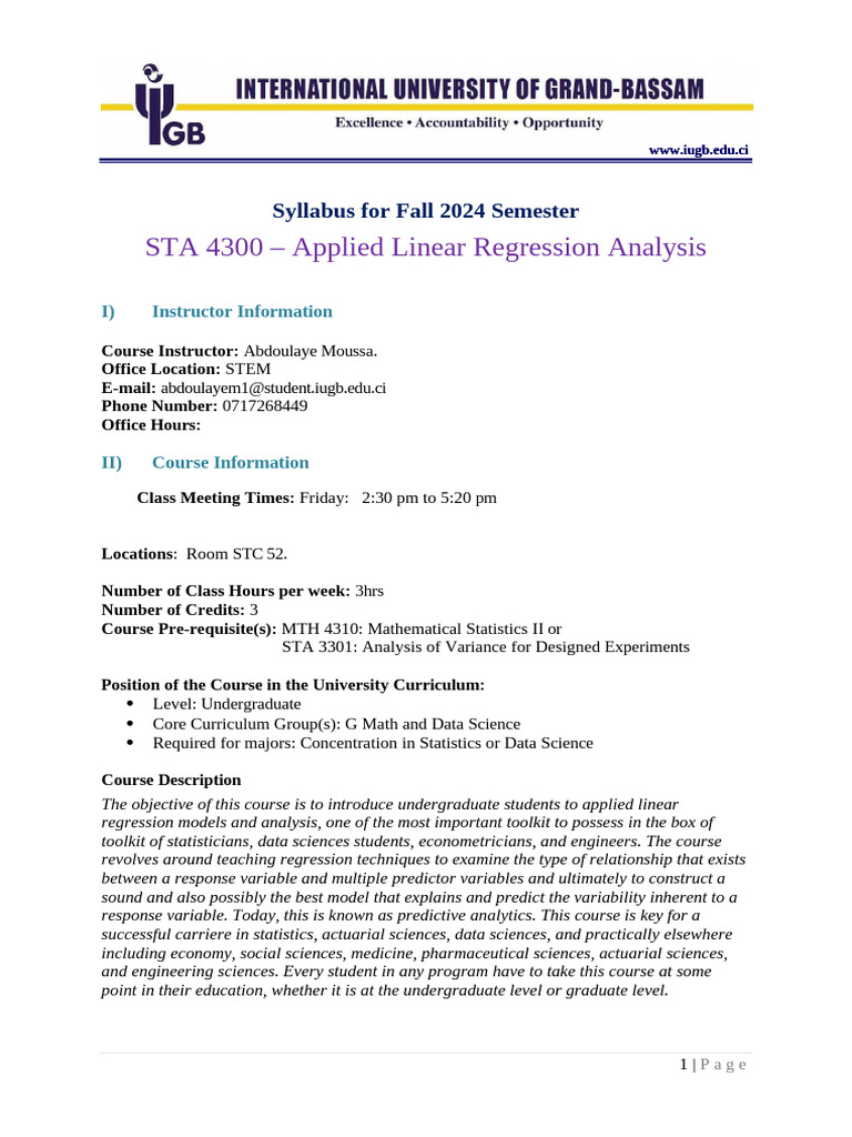 Syllabus STA 4300 Applied Linear Regression Analysis | PDF Syllabus STA 4300 Applied Linear Regression Analysis | PDF