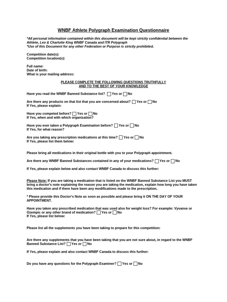 WNBF Athlete Polygraph Examination Questionnaire | PDF
