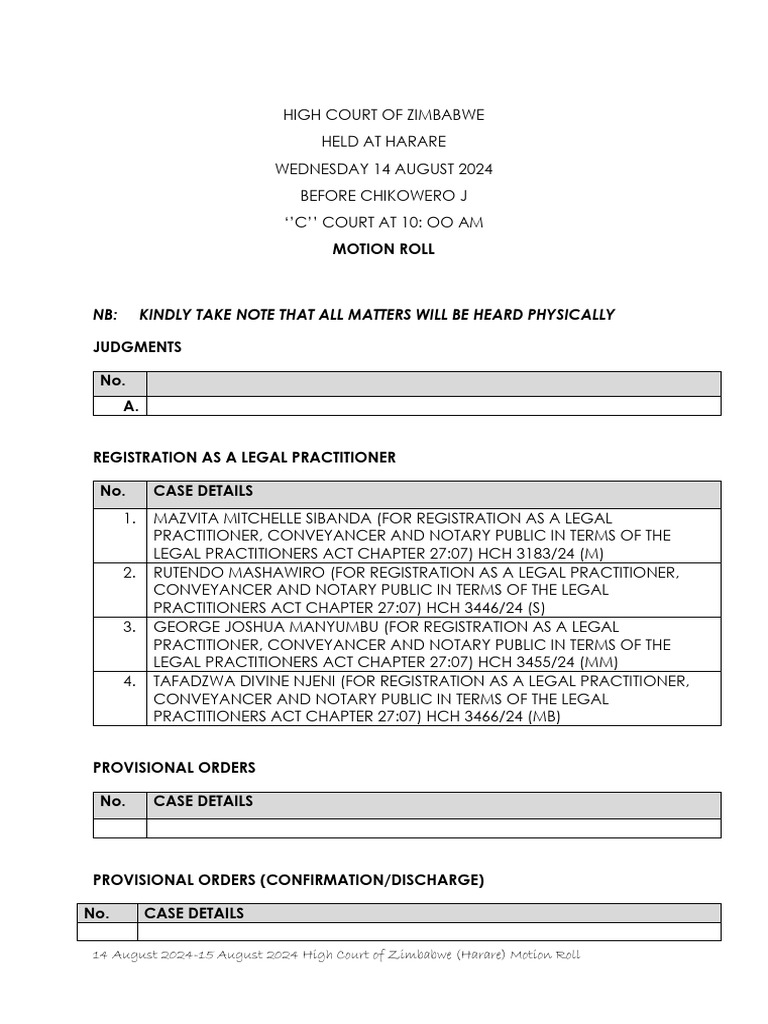 High Court Motion Roll: Aug 14-15, 2024 | PDF | Public Law | Governance