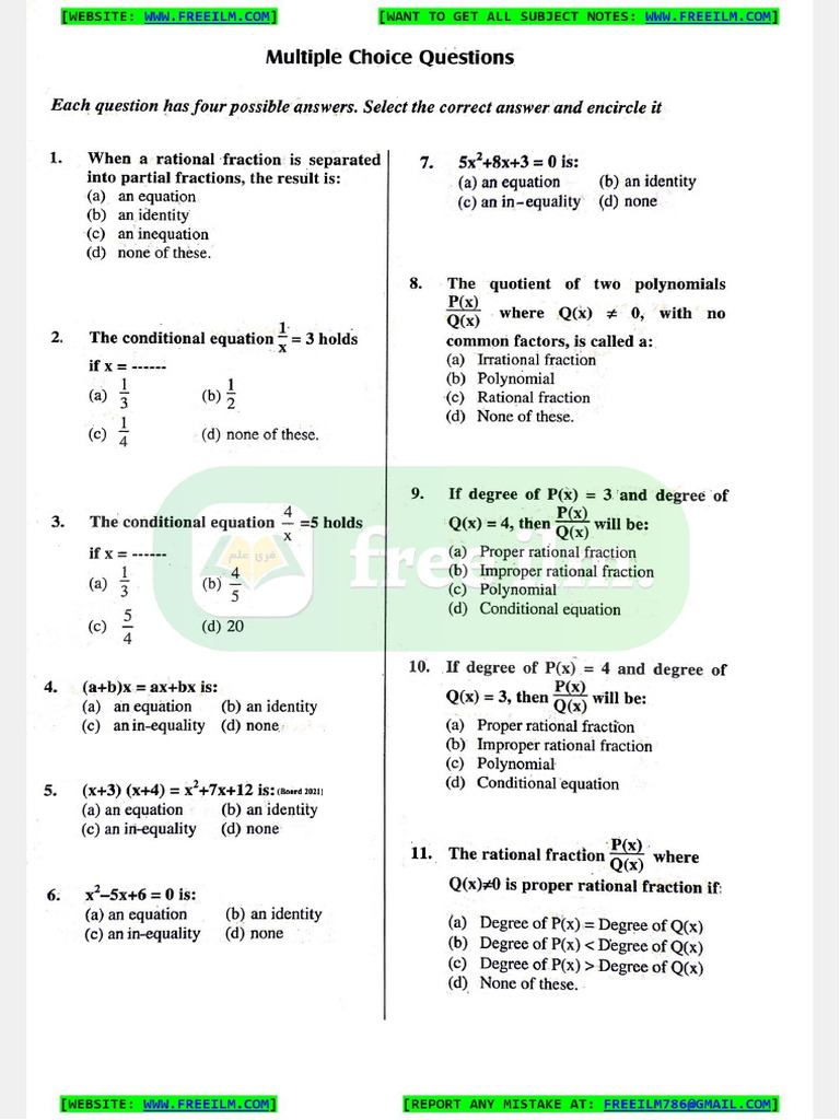 11th Maths Chap5 MCQ's | PDF