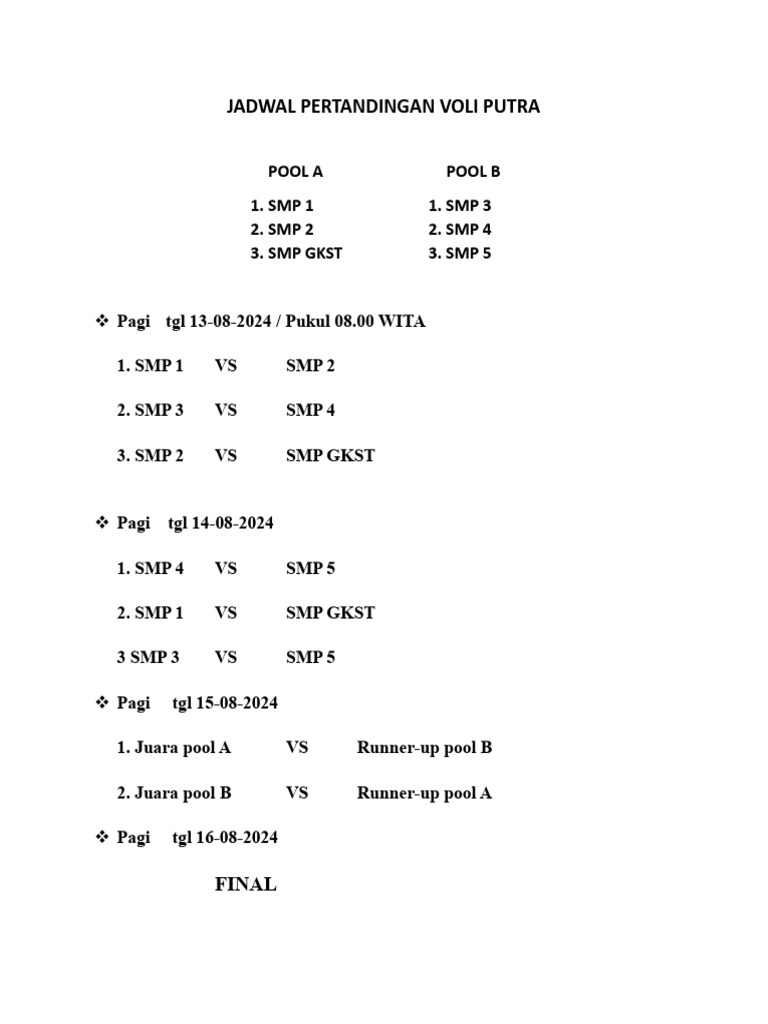 Jadwal Pertandingan Voli Putra | PDF