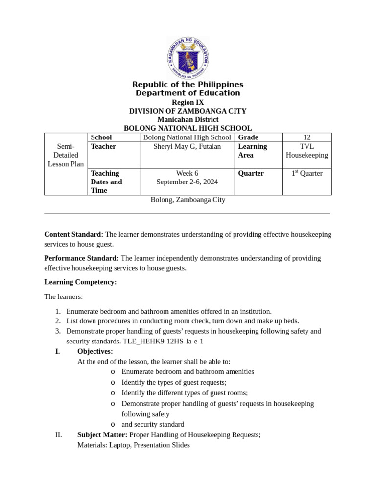 Housekeeping Semi Detailed Lesson Plan Week6 | PDF | Bedroom | Room