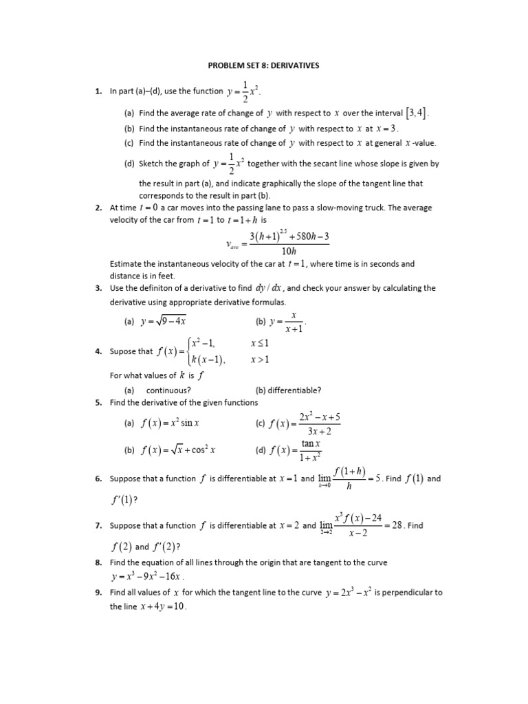 Problem Set 8 - Derivatives | PDF