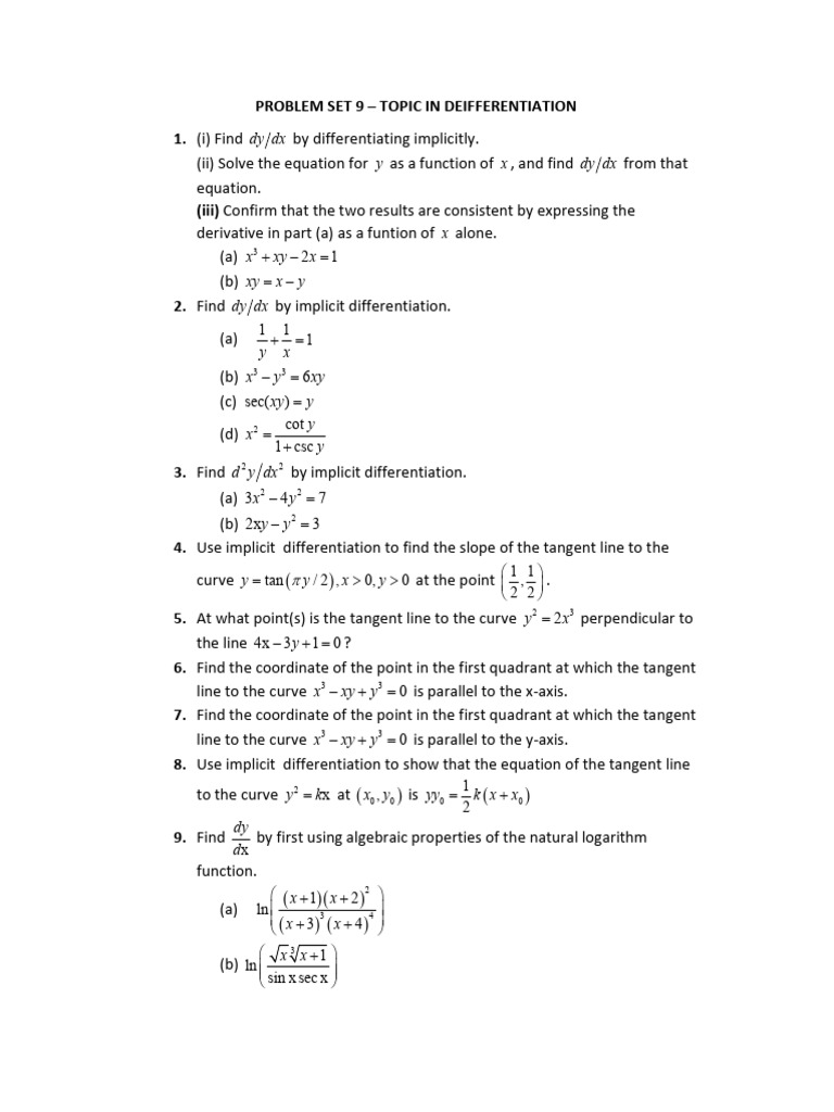 Problem Set 9 - Topic in Differentiation | PDF