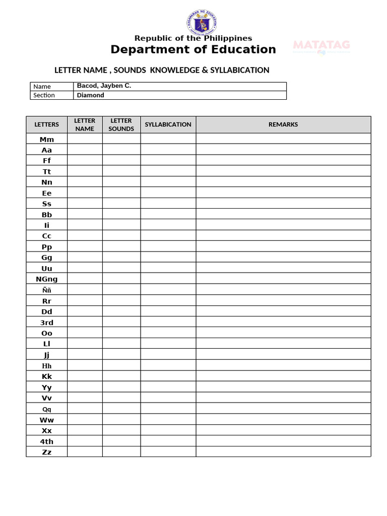 Alphabet Knowledge Assessment | PDF