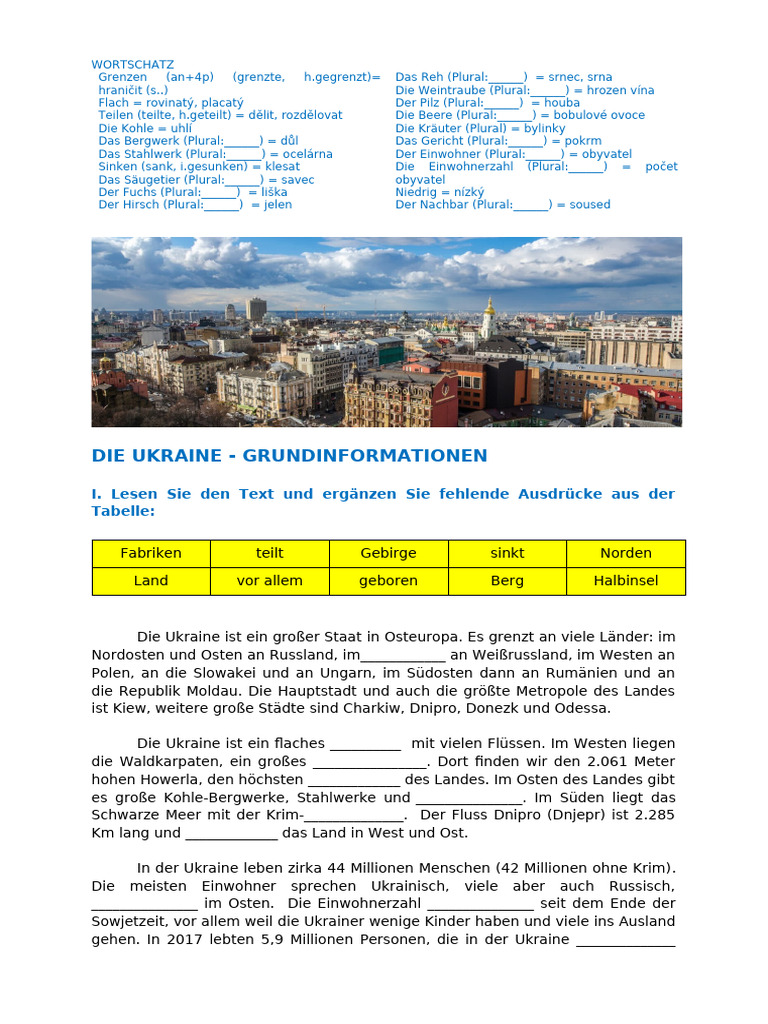 Die Ukraine A1a2 Landernamen Prapositionen Arbeitsblatter ...