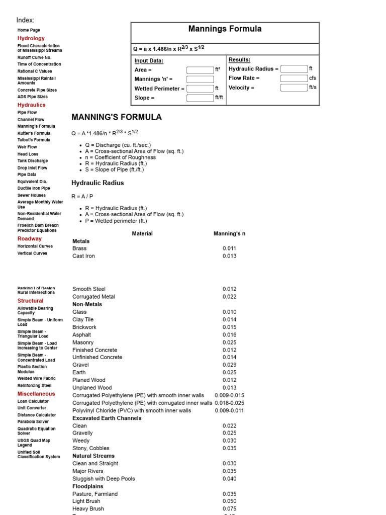 Mannings Formula Roughness Values | PDF