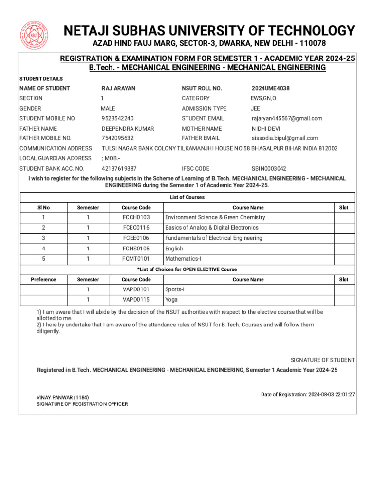 Nsut Registration Form | PDF