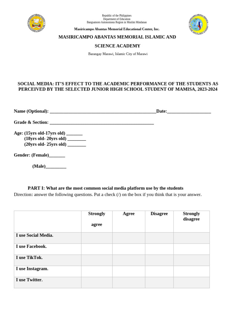 Social Media - Questionnaires (Grade 11) | PDF