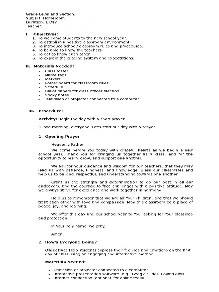 1st Day of School Plan | PDF