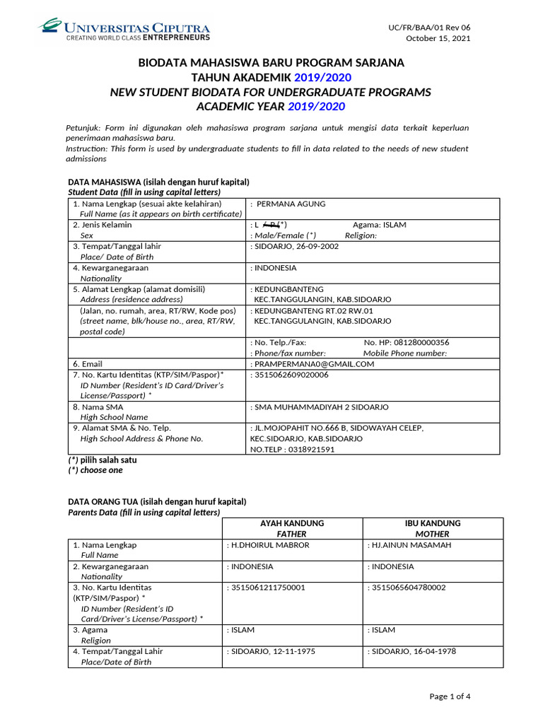 UC FR BAA 01 Rev 06 Form Biodata Mahasiswa Baru Program Sarjana (2) | PDF
