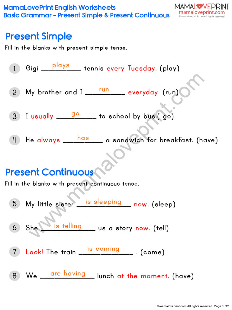Mamaloveprint English Grammar Present Simple Continuous Tense Ans | PDF