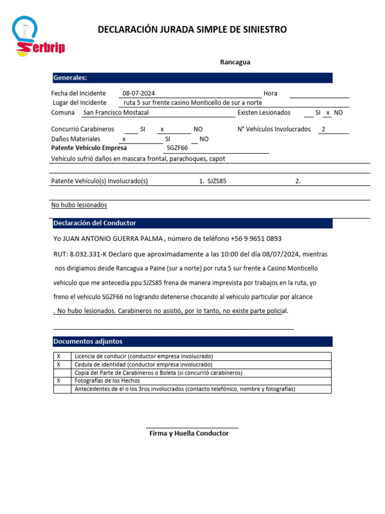 Declaración Jurada Simple de Siniestro SGZF66 | PDF