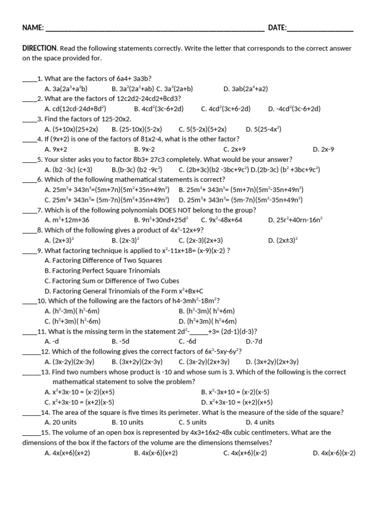 Math 8-Q1 Summative Test 1 | PDF