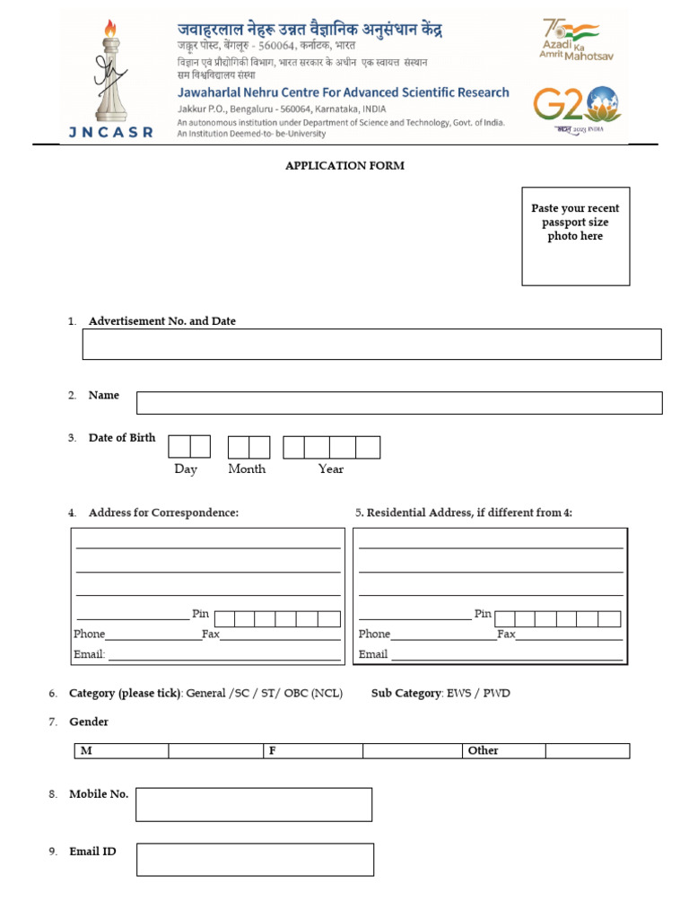 01 Field Assistant Post Application Form JNCASR | PDF