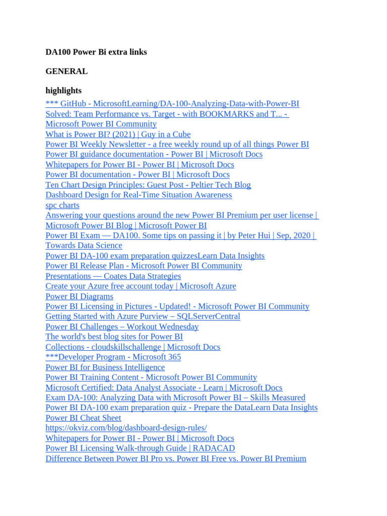 DA100 (Online Certification Proposed by Shan) Power BI Extra Links | PDF