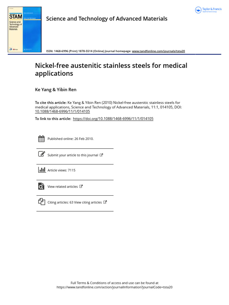 Nickel-Free Austenitic Stainless Steels For Medical Applications | PDF