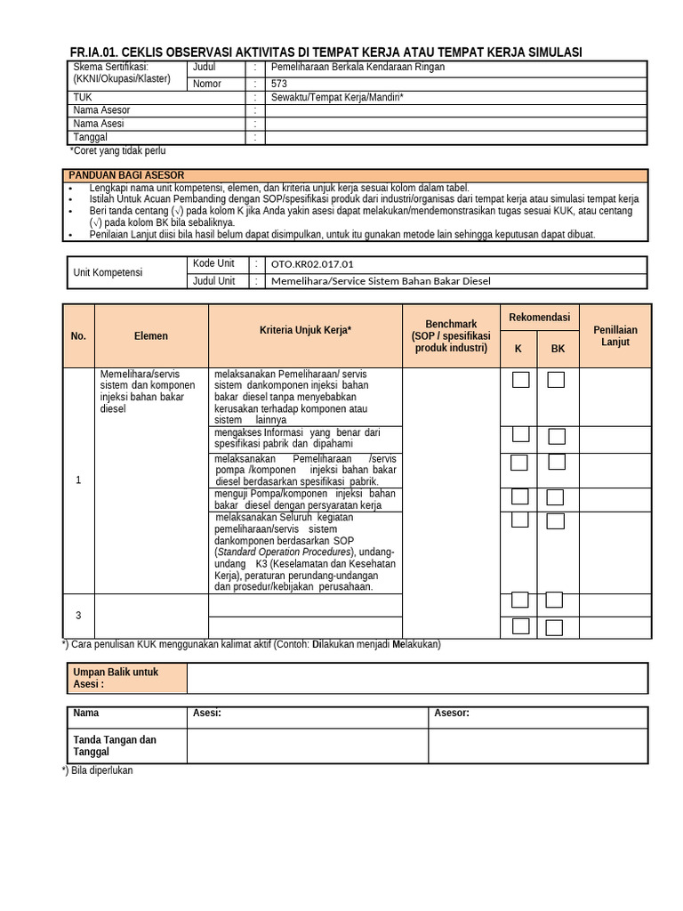 2020 - FR IA.01 - Ceklis Observasi | PDF